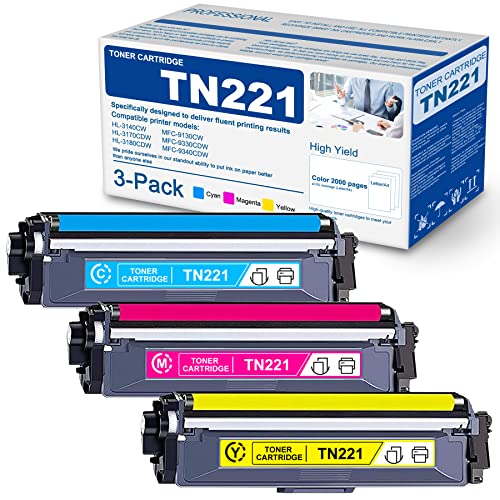 TN221 TN-221 Higher-Yield Compatible Toner Cartridge for Brother TN 221 for HL-3140CW HL-3170CDW HL-3180CDW MFC-9130CW MFC-9330CDW Printer (3-Pack,1C+1M+1Y)