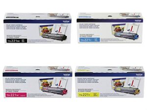 brother genuine tn221bk, tn221c, tn221m, tn221y color laser black, cyan, magenta and yellow toner cartridge set