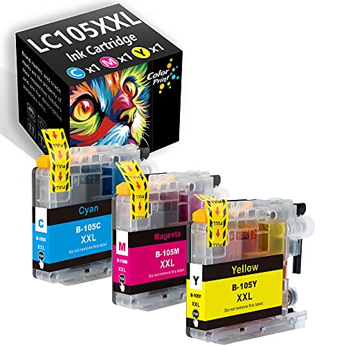 ColorPrint Compatible LC105 Ink Cartridge Color Replacement for Brother LC105XXL LC-105XXL LC-105 XXL Work with MFC J4310DW J4410DW J4510DW 4610DW J4710DW Laser Printer (3-Pack, Cyan, Magenta, Yellow)