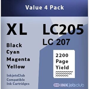 INKjetsclub Brother LC205 / LC 207 High Yield Ink Cartridge Ink Cartridge Replacement 4 Pack Value Pack. Includes 1 Black, 1 Cyan, 1 Magenta and 1 Yellow Compatible Ink Cartridges