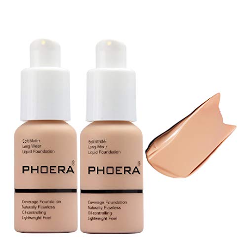 2Pack PHOERA Foundation ,Full Coverage Foundation, Concealer Foundation Full Coverage Flawless New 30ml PHOERA 24HR Matte Oil Control Concealer (103 Warm peach)