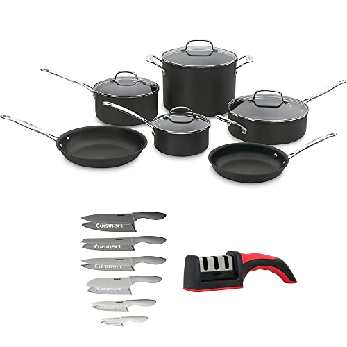 Cuisinart 66-10 Chef's Classic Nonstick Hard-Anodized 10-Piece Cookware Set Bundle with Cuisinart Advantage 12-Piece Gray Knife Set with Blade Guards and Deco Essentials 3 Slot Manual Knife Sharpener