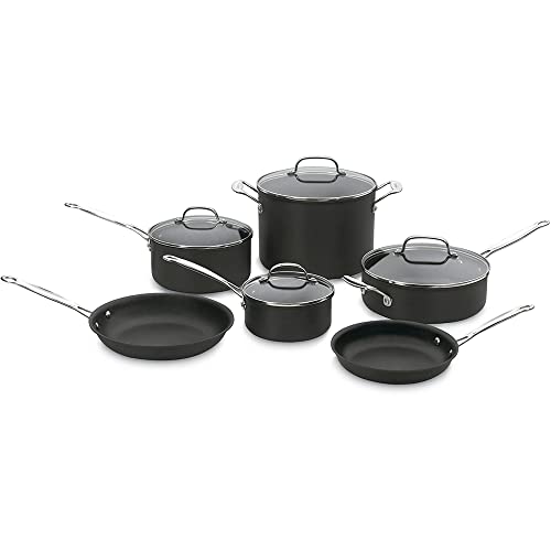 Cuisinart 66-10 Chef's Classic Nonstick Hard-Anodized 10-Piece Cookware Set Bundle with Cuisinart Advantage 12-Piece Gray Knife Set with Blade Guards and Deco Essentials 3 Slot Manual Knife Sharpener