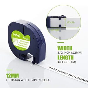 Label Kingdom Label Tape Replace for DYMO LetraTag White Paper Refill 91330 10697, 1/2" x 13' 12mm x 4m Black on White Label Maker Tape for dymo Letra Tag LT-100H Plus Printer, 5-Pack