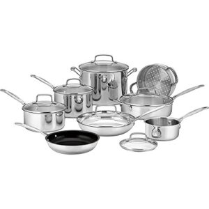 Cuisinart 77-14N Chef's Classic Stainless 14-Piece Set Stainless Steel Bundle with Classic Nonstick Edge 6 inch Chef's Knife Black, Cutting Board, Pair of Oven Mitts and Mechanical Kitchen Timer