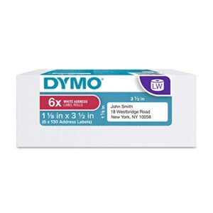 dymo authentic labelwriter adhesive white mailing address labels (30251) 1 1/8″ x 3 1/2″, 6 rolls of 130