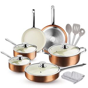 fruiteam 13-piece cookware set non-stick ceramic coating cooking set, induction pots pans set with lids, heavy duty stainless steel handles, induction, oven, gas, stovetops compatible for family meals