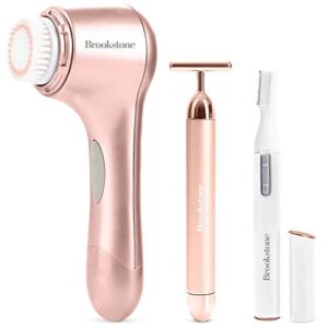 brookstone 3-in-1 rose gold facial skin care set | facial skin care products include facial cleansing brush, t-bar face massager and facial epilator | perfect gift