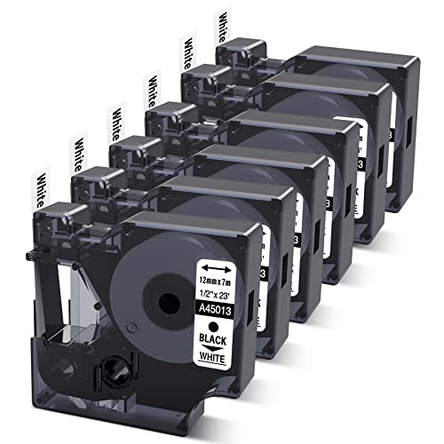 6-Pack Compatible Dymo D1 Label Tape 45013 S0720530 Replace for DYMO D1 A45013 Refills，Black on White,1/2 Inch x 23 Ft for Dymo LabelManager 160 420P 210D 280 360D PnP Label Maker