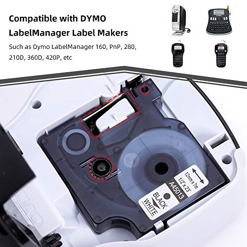 6-Pack Compatible Dymo D1 Label Tape 45013 S0720530 Replace for DYMO D1 A45013 Refills，Black on White,1/2 Inch x 23 Ft for Dymo LabelManager 160 420P 210D 280 360D PnP Label Maker