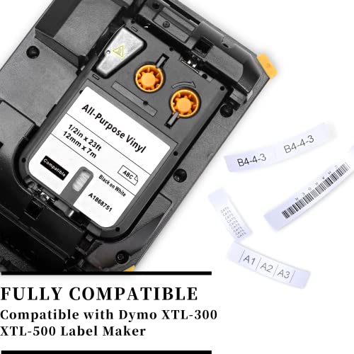 Compatible with Dymo XTL 1868751 All-Purpose Vinyl Labels 1/2", Work with Dymo XTL-300 XTL-500 XTL300 XTL500 Label Maker, Black on White, 1/2 Inch x 23 Feet (12mm x 7m), 3-Pack