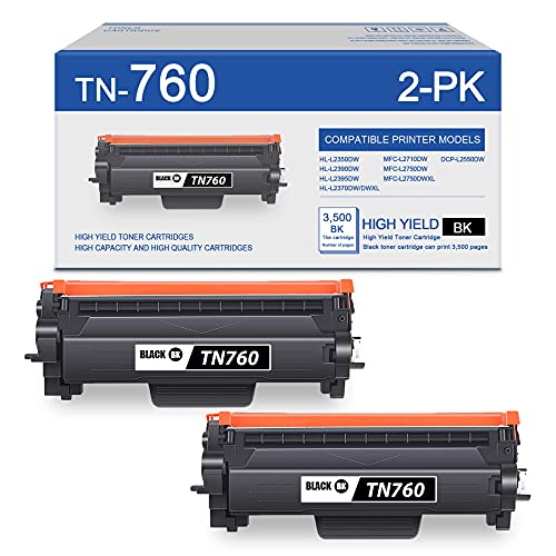 MaxColor 2 Pack Black TN760 High Yield Toner Compatible TN-760 Cartridge Replacement for Brother HL-L2390DW L2350DW L2370DW/DWXL DCP-L2550DW MFC-L2750DW L2750DWXL L2710DW Printer. MX-FBA-TN760-2PK