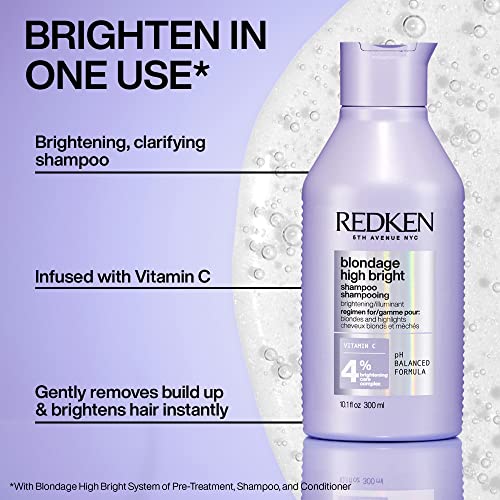 Redken Blondage High Bright Shampoo  | Brightens and Lightens Color-Treated and Natural Blonde Hair Instantly | Infused with Vitamin C | 10.1 Fl Oz