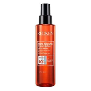 redken frizz dismiss instant deflate oil-in-serum | for frizzy hair | enhances smoothness & shine | with babassu oil | sulfate free | packaging may vary, 4.2 fl oz