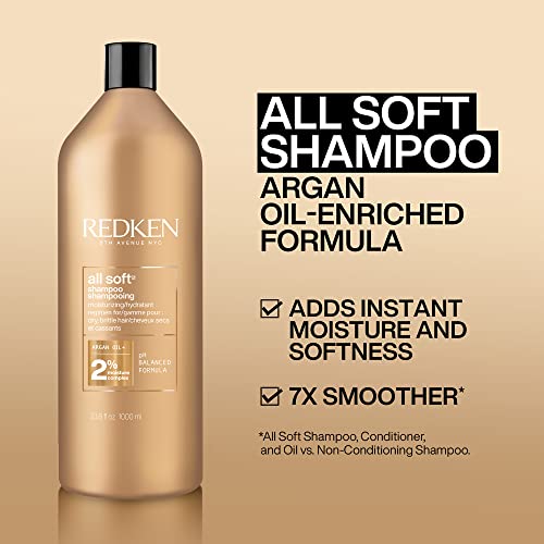 Redken All Soft Shampoo | For Dry / Brittle Hair | Provides Intense Softness and Shine | With Argan Oil | 33.8 Fl Oz