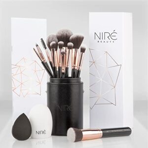 niré beauty 15piece award winning professional makeup brush set: vegan makeup brushes with case, makeup sponge, brush cleaner, guide, gift box