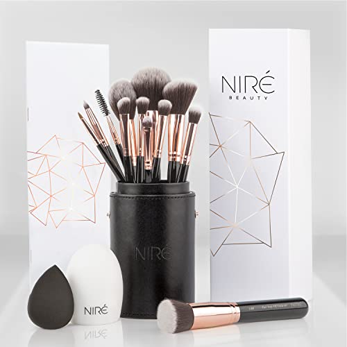 Niré Beauty 15piece Award Winning Professional Makeup Brush Set: Vegan Makeup Brushes with Case, Makeup Sponge, Brush Cleaner, Guide, Gift Box