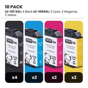 YoYoInk Compatible Printer Ink Cartridges Replacement for Brother LC-107 / LC-105 XXL Extra High Yield (4 Black, 2 Cyan, 2 Magenta, 2 Yellow; 10 Pack)