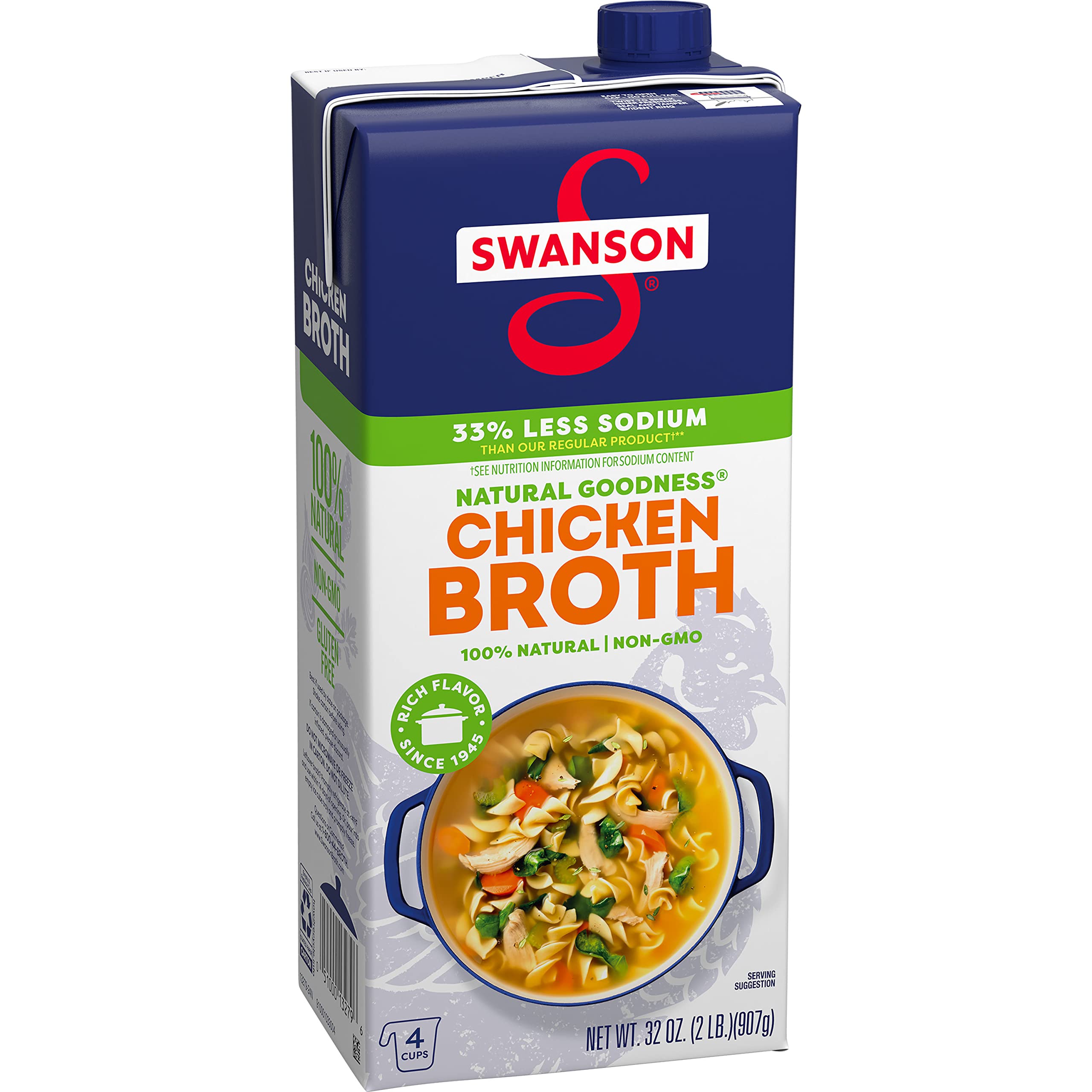 Swanson Natural Goodness 33% Less Sodium Chicken Broth, 32 oz Carton