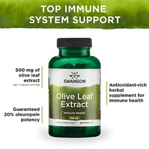 Swanson Olive Leaf Extract Capsules with 20% Oleuropein - Provides Immune Support, Promotes Cardiovascular System Health, and Supports Healthy Blood Pressure - (120 Capsules, 500mg Each)