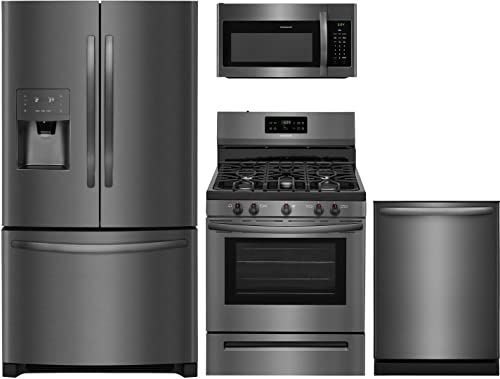 Frigidaire 4-Piece Black Stainless Steel Kitchen Package with FFHB2750TD 36 French Door Refrigerator FFGF3054TD 30 Gas Freestanding Range FFMV1645TD 30 Over-the-Range Microwave and FFID2426TD 24 Fully Integrated Dishwasher