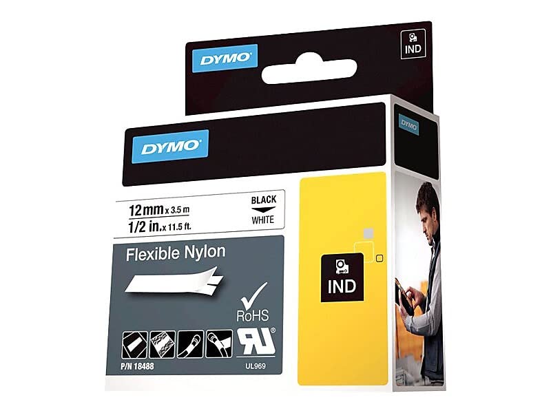 Dymo 18488 Rhino Flexible Nylon Industrial Label Tape, 1/2-Inch X 11 1/2 Ft, White/Black Print