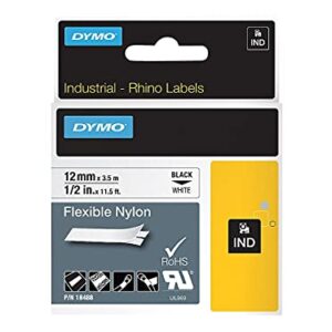 Dymo 18488 Rhino Flexible Nylon Industrial Label Tape, 1/2-Inch X 11 1/2 Ft, White/Black Print