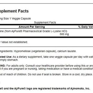 Swanson Amino Acid Ajipure L-Lysine Pharmaceutical Grade 500 Milligrams 90 Veg Capsules (2 Pack)