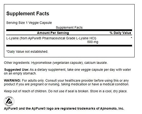 Swanson Amino Acid Ajipure L-Lysine Pharmaceutical Grade 500 Milligrams 90 Veg Capsules (2 Pack)