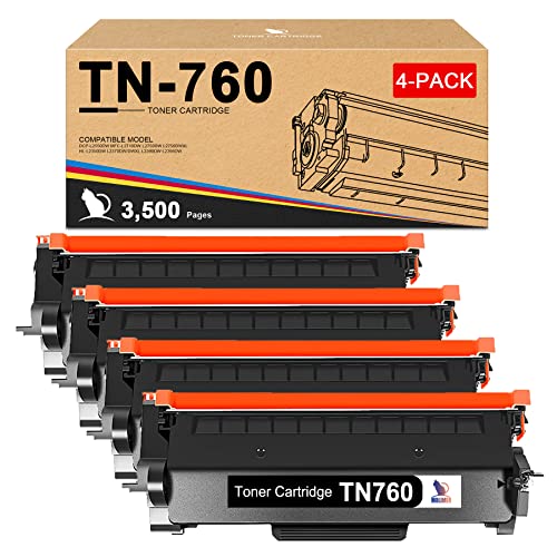 TN760 High Yield Toner Cartridge: 4 Pack Black Compatible Brother TN-760 TN 760 Ink Replacement for DCP-L2550DW HLL2395DW MFCL2710DW MFC-L2750DW Printer [3,500 Pages/Cartridge]