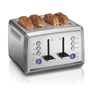 hamilton beach 4 slice toaster with extra-wide slots, bagel setting, toast boost, slide-out crumb tray, auto-shutoff & cancel button, digital with defrost function, stainless steel (24796)