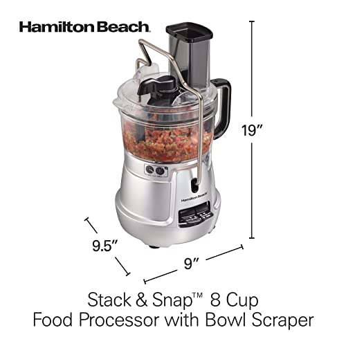 Hamilton Beach Stack & Snap 8-Cup Food Processor & Vegetable Chopper with Adjustable Slicing Blade, Built-in Bowl Scraper & Storage Case, Silver (70820)