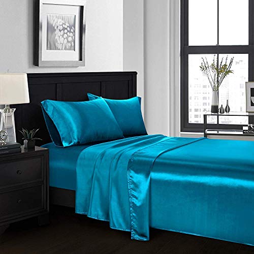 Cotton Home Depot Satin 9 PCS Comforter Set(Comforter + Duvet Cover + Flat Sheet + Fitted Sheet 21" Deep Pocket + Bedskirt + 4 Pillow Cases ) Bedding Set Turquoise Blue,California King