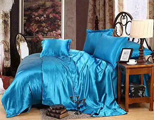 Cotton Home Depot Satin 9 PCS Comforter Set(Comforter + Duvet Cover + Flat Sheet + Fitted Sheet 21" Deep Pocket + Bedskirt + 4 Pillow Cases ) Bedding Set Turquoise Blue,California King