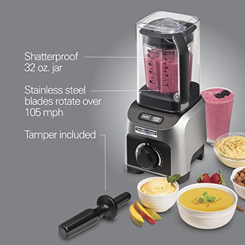 Hamilton Beach Professional Quiet Shield Blender, 1500W, 32oz BPA Free Jar, 4 Programs & Variable Speed Dial for Puree, Ice Crush, Shakes and Smoothies, Silver (58870)