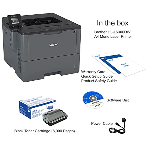 Brother HL-L6300DW Wireless Single-Function Monochrome Laser Printer, Gray - Print only - 48 ppm, 1200x1200 dpi, 8.5x14, 256MB Memory, Auto Duplex Printing, 520 Sheet, Ethernet, Cbmoun Printer Cable