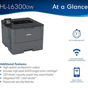 Brother HL-L6300DW Wireless Single-Function Monochrome Laser Printer, Gray - Print only - 48 ppm, 1200x1200 dpi, 8.5x14, 256MB Memory, Auto Duplex Printing, 520 Sheet, Ethernet, Cbmoun Printer Cable