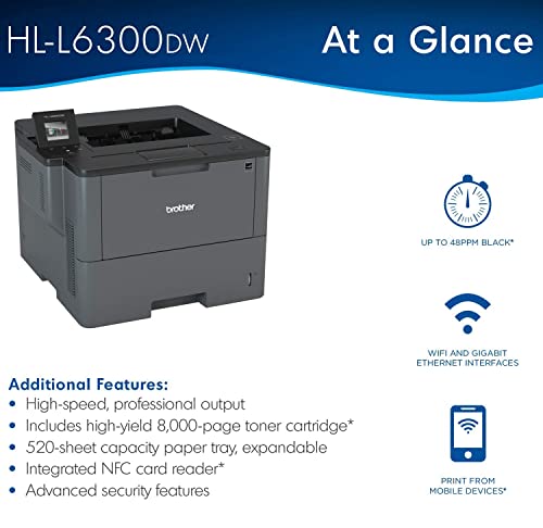 Brother HL-L6300DW Wireless Single-Function Monochrome Laser Printer, Gray - Print only - 48 ppm, 1200x1200 dpi, 8.5x14, 256MB Memory, Auto Duplex Printing, 520 Sheet, Ethernet, Cbmoun Printer Cable