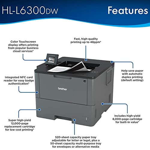 Brother HL-L6300DW Wireless Single-Function Monochrome Laser Printer, Gray - Print only - 48 ppm, 1200x1200 dpi, 8.5x14, 256MB Memory, Auto Duplex Printing, 520 Sheet, Ethernet, Cbmoun Printer Cable