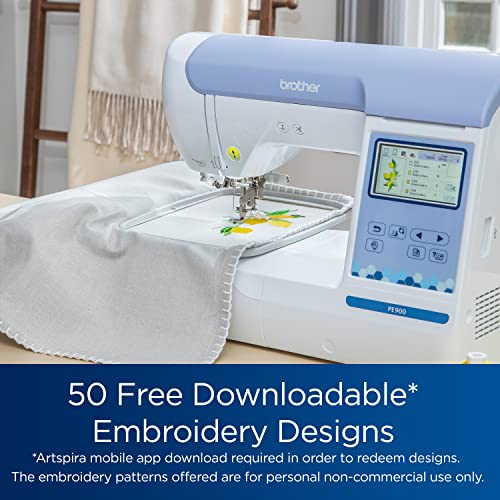 Brother New Model PE900 Embroidery Machine, Wireless LAN Connected, 193 Built-in Designs, 5" x 7" Hoop Area, Large 3.7" LCD Touchscreen, USB Port, 13 Font Styles, White