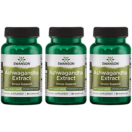 Swanson Ashwagandha Extract-Natural Supplement Promoting A Healthy Stress Response, Energy Support & Nervous System Health-Ayurvedic Supplement for Natural Wellness-(60 Capsules, 450mg Each) (3 Pack)