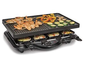 hamilton beach electric indoor raclette table grill, 200 sq. in. nonstick griddle serves up to 8 people for parties and family fun, includes 8 warming trays, black (31612-mx)