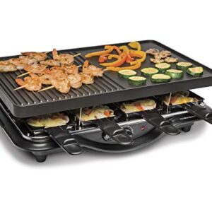 Hamilton Beach Electric Indoor Raclette Table Grill, 200 sq. in. Nonstick Griddle Serves up to 8 People for Parties and Family Fun, Includes 8 Warming Trays, Black (31612-MX)