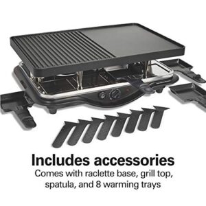 Hamilton Beach Electric Indoor Raclette Table Grill, 200 sq. in. Nonstick Griddle Serves up to 8 People for Parties and Family Fun, Includes 8 Warming Trays, Black (31612-MX)