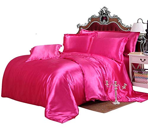 Cotton Home Depot Luxury 6-Piece Satin Lightweight Solid Duvet Cover Set Comforter Set ( Duvet Cover + Comforter + 4 Pillow Cases ) Hotel Quality Bedding Set Hot Pink King