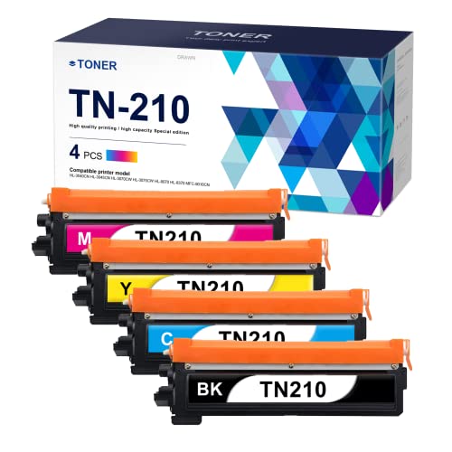 DRAWN TN-210BK TN-210C TN-210M TN-210Y Toner Compatible TN210 Toner Replacement for Brother HL-3040CN HL-3045CN HL-3070CW HL-3075CW HL-8070 HL-8370 MFC-9010CN Printer, 4-Pack (1BK/1C/1M/1Y)