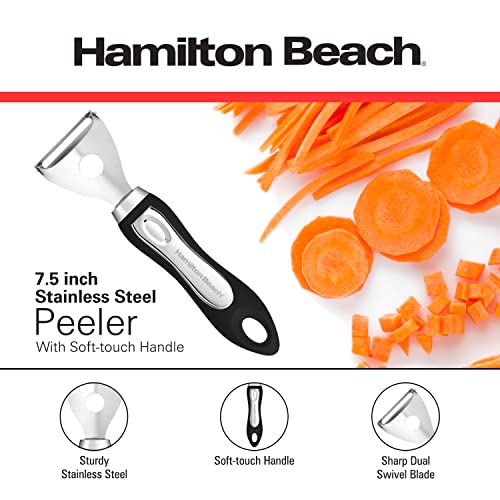 Hamilton Beach Y Shape Peeler Stainless Steel 7.5in Soft Touch Handle, Vegetable Y shape Peeler Ergonomic Non-Slip Handle & Sharp Blade, Apple Peelers for Fruit, Carrot, Veggie, Potatoes - Black