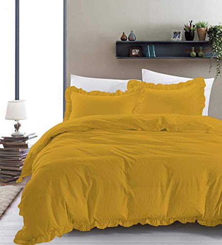 Duvet Cover Set-1 Frilled Duvet Cover with Ruffle Edge Corners and 2 Pillowcases-Mustard Yellow,California King 100% Cotton 800 Thread Count-3 PCs Comforter/Duvet Protective Cover Set-Duvet Set