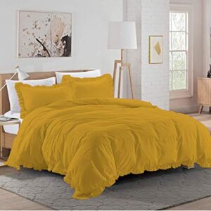 Duvet Cover Set-1 Frilled Duvet Cover with Ruffle Edge Corners and 2 Pillowcases-Mustard Yellow,California King 100% Cotton 800 Thread Count-3 PCs Comforter/Duvet Protective Cover Set-Duvet Set