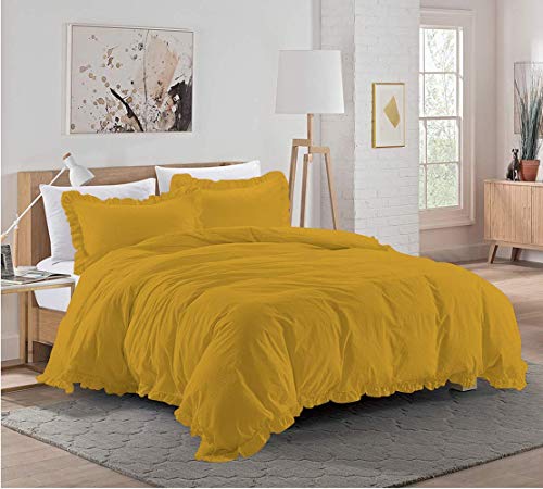 Duvet Cover Set-1 Frilled Duvet Cover with Ruffle Edge Corners and 2 Pillowcases-Mustard Yellow,California King 100% Cotton 800 Thread Count-3 PCs Comforter/Duvet Protective Cover Set-Duvet Set